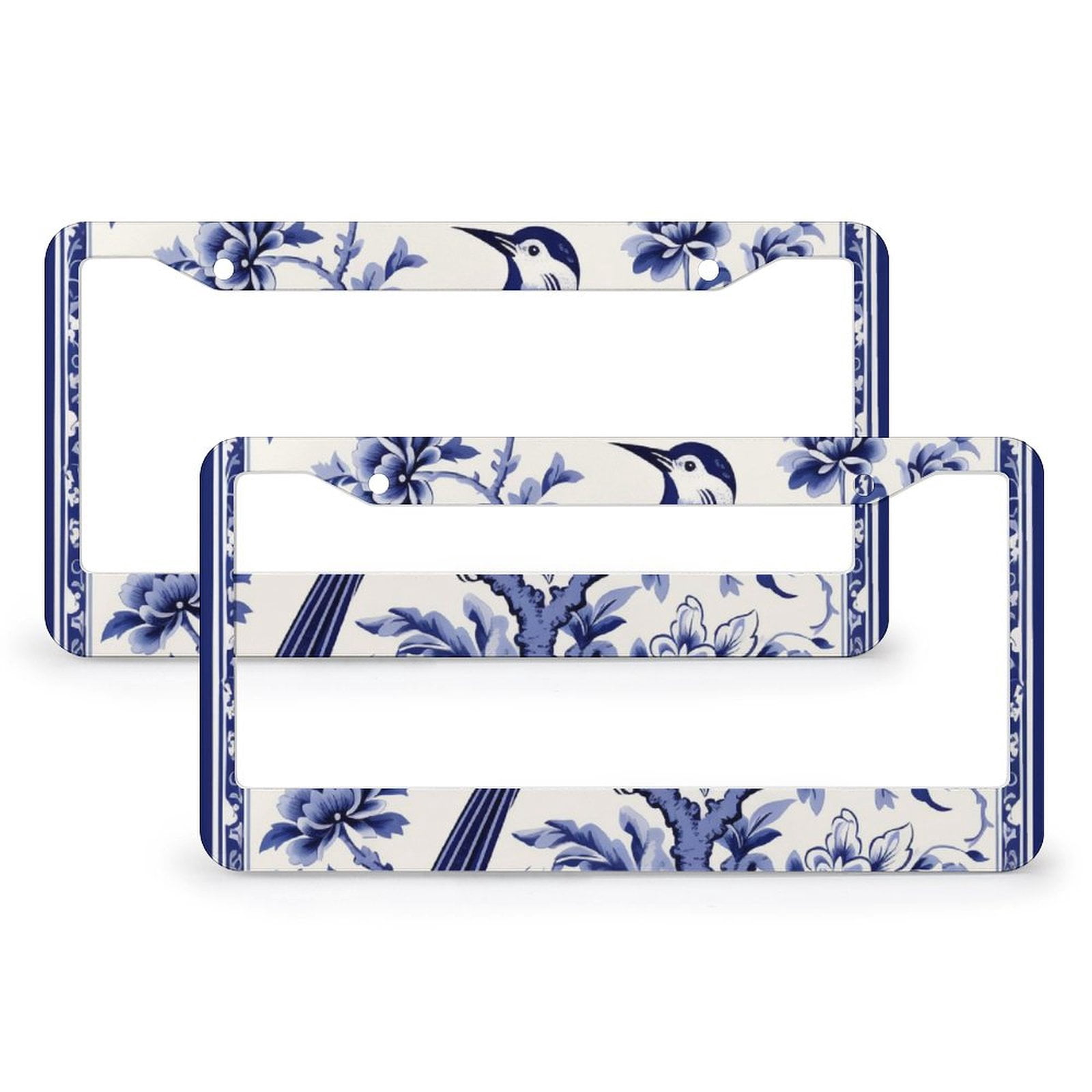 Blue And White Tile With Birds And Small Flower License Plate Frames 2 ...