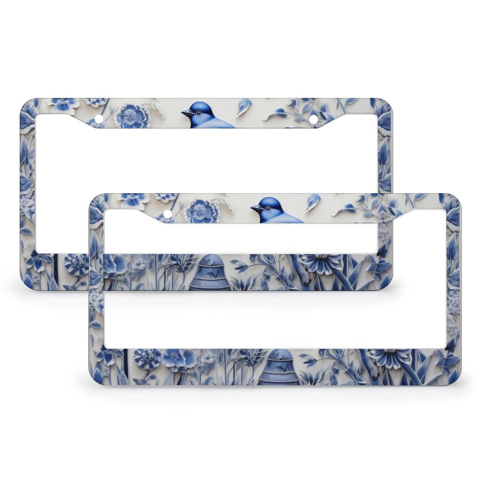 Blue And White Tile With Birds And Small Flower License Plate Frames 2 ...