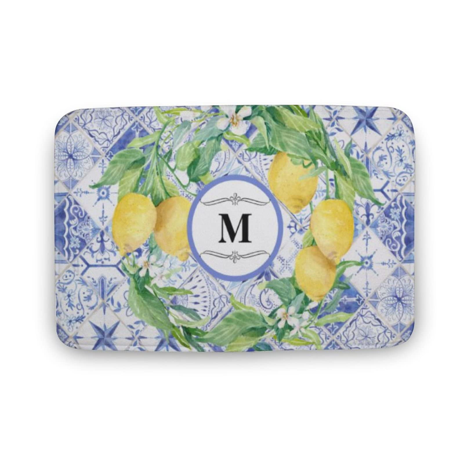 Blue White Tile Lemon Floral Wreath Farmhouse Art Welcome Doormats Non ...