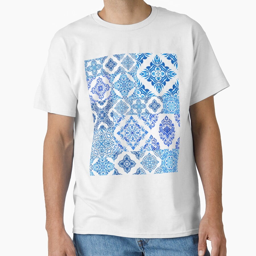 Blue&White Tiles Mediterranean Style Classic T-Shirt Summer Trending ...