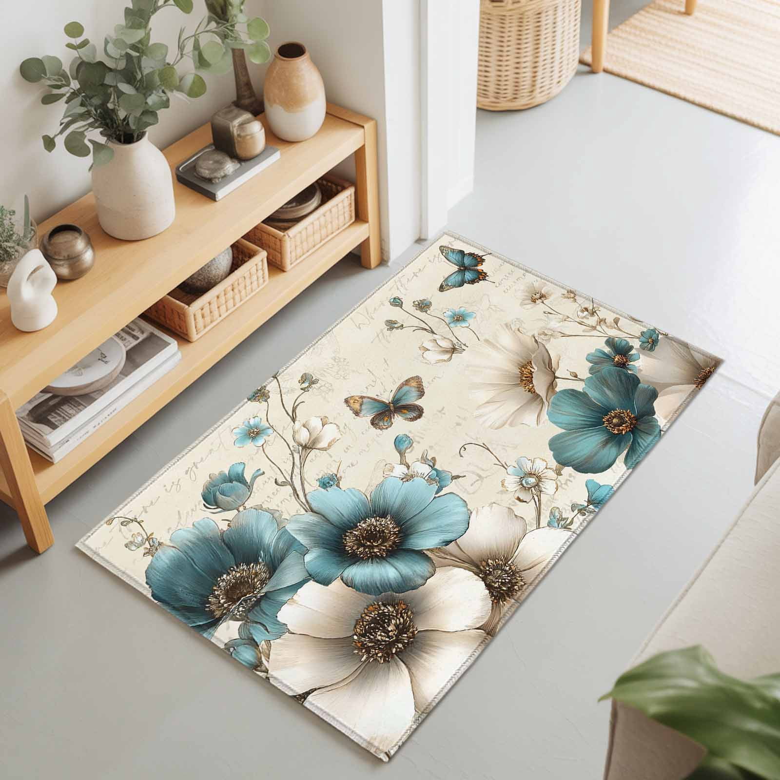 Blue White Tulip Farm Butterfly Rectangle Rug 2'x3' Farmhouse Floral ...