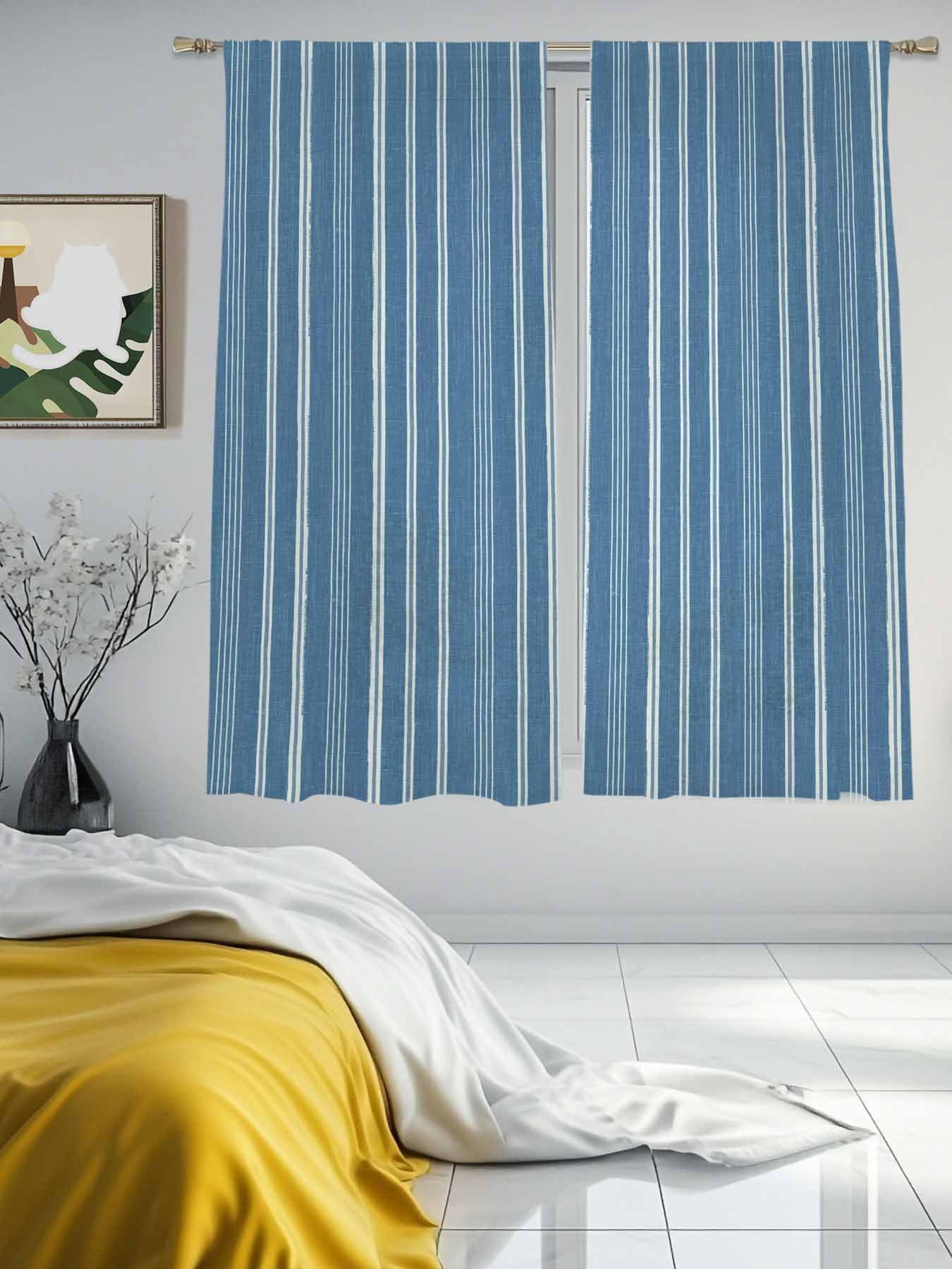 Blue White Vertical Stripes Chiffon Sheer Curtains 63 Inches Long ...