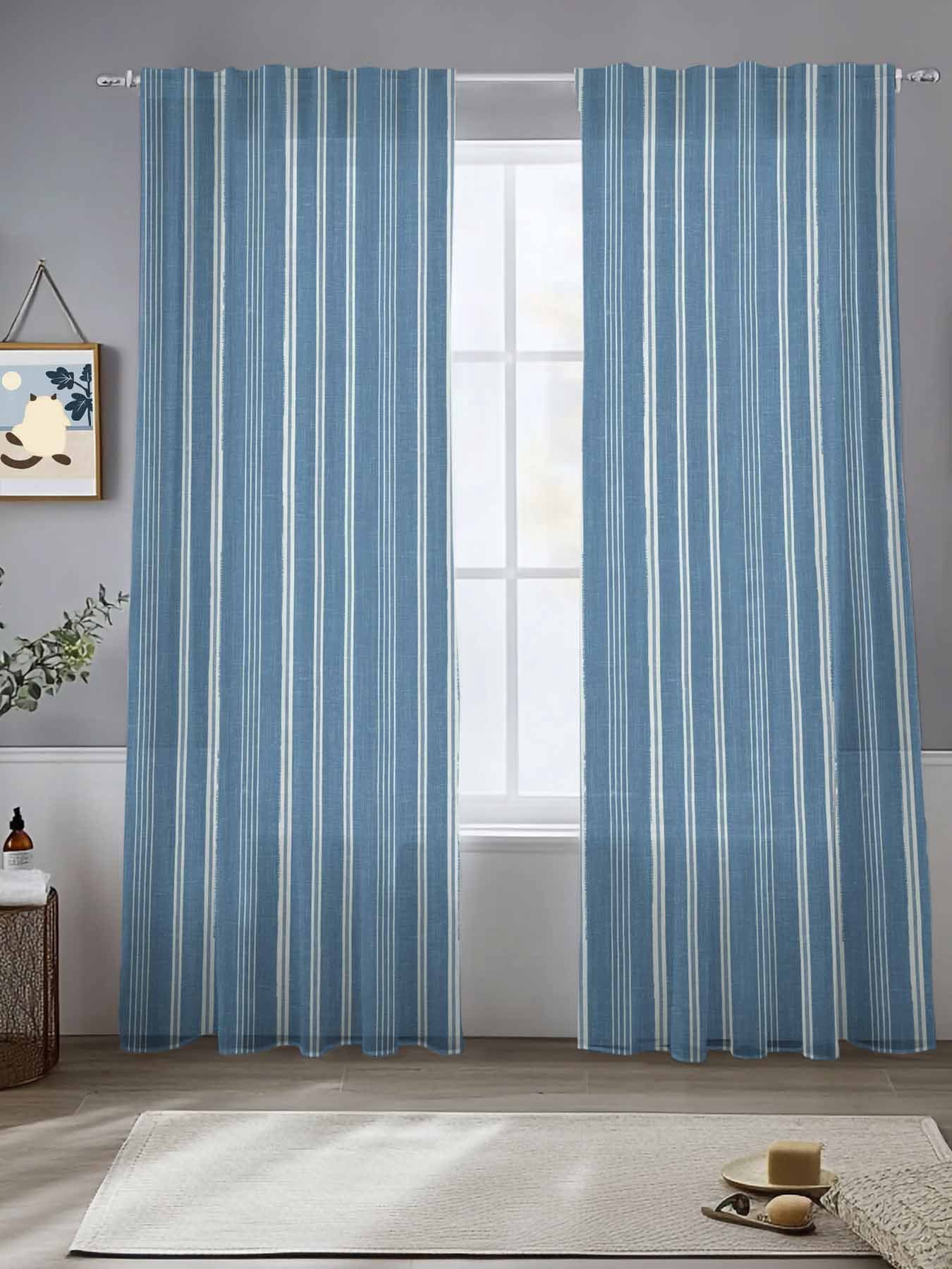 Blue White Vertical Stripes Chiffon Sheer Curtains 84 Inches Long ...
