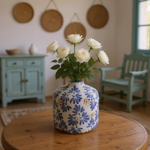 Blue and White Vintage Ceramic Vase, 5.3 Inch Chinoiserie Ice Crackle ...