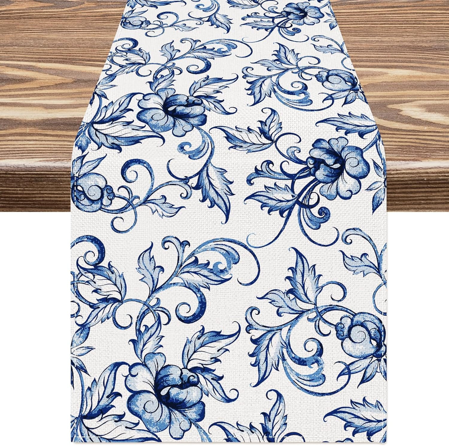 Blue White Watercolor Flower Linen Table Runners Chinoiserie Floral ...