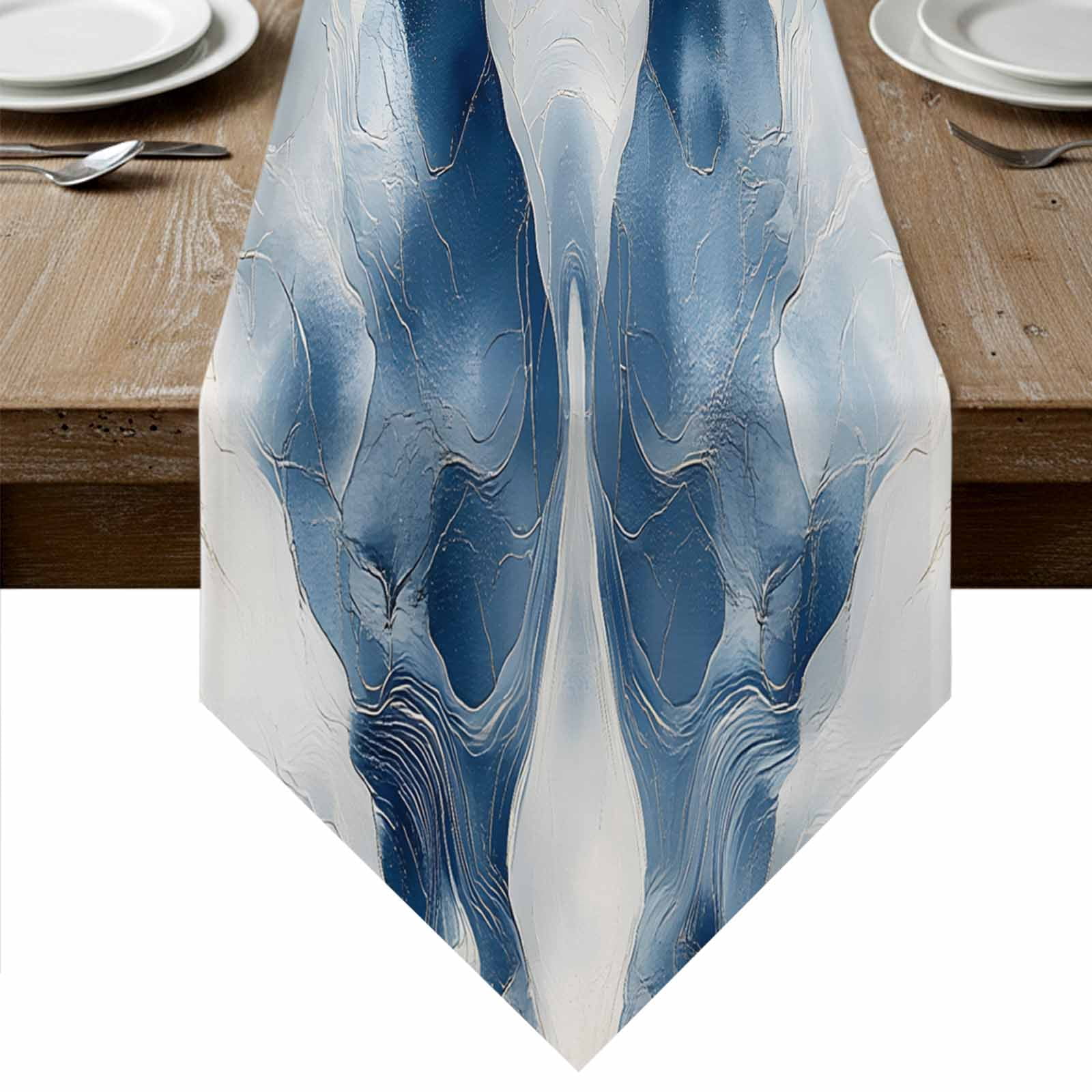 Blue White Wave Abstract Table Runner Linen Burlap Table Runner 72 ...