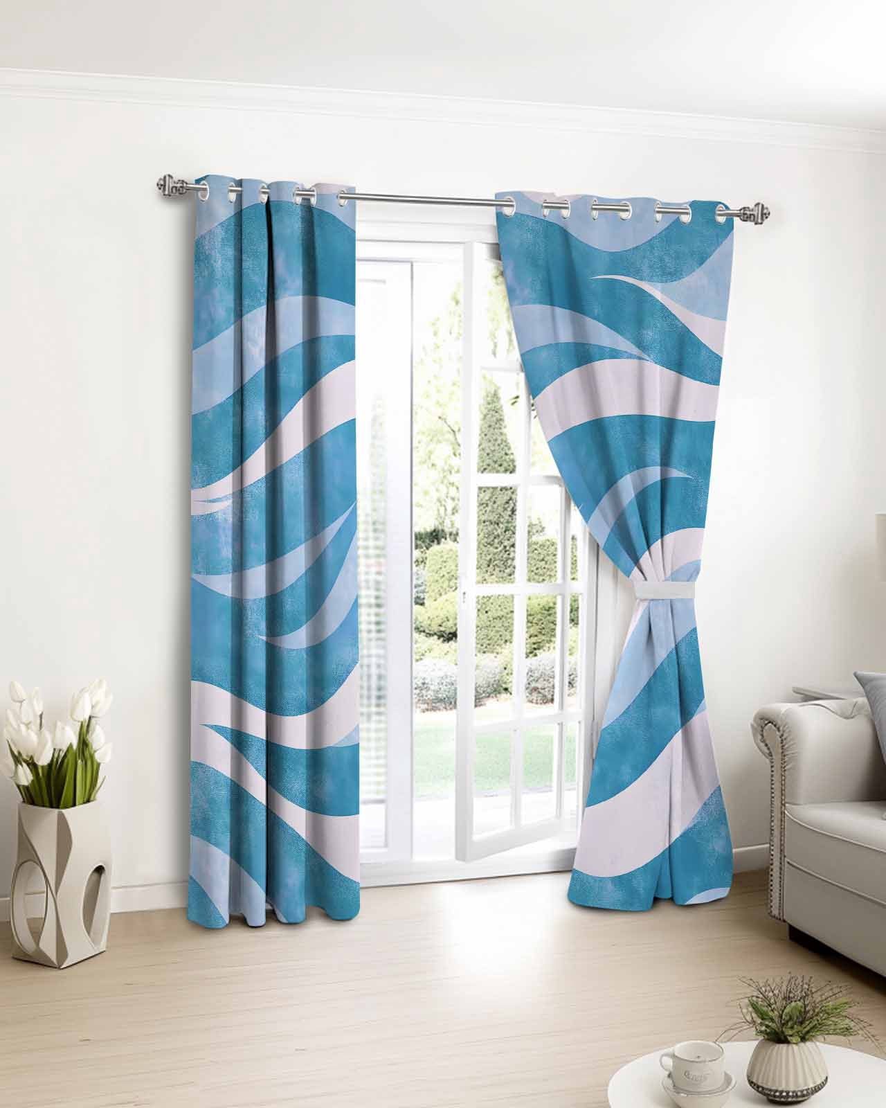 Blue White Waves Modern Abstract Texture Window Curtain Bedroom r ...