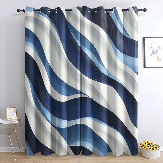 Blue and White Wavy Blackout Curtains, Abstract Navy Wave Patterned ...