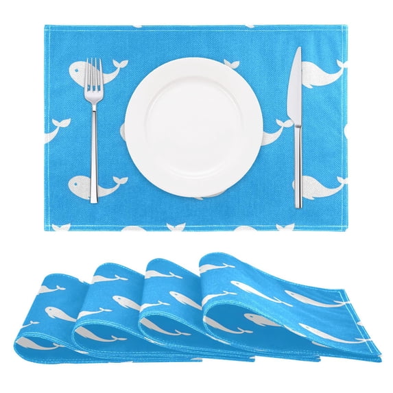 Blue White Whales Pattern Placemats Set of 4 18x12in Reversible Rustic ...