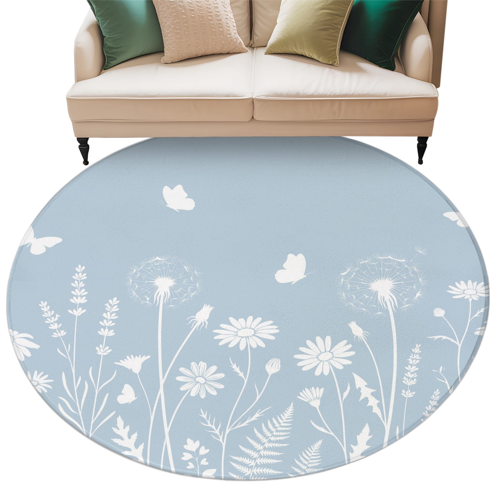Blue White Wildflowers Round Rug 6ft Washable Circle Kitchen Rugs Non ...