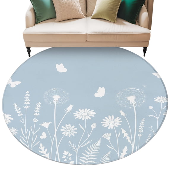 Blue White Wildflowers Round Rug 6ft Washable Circle Kitchen Rugs Non ...