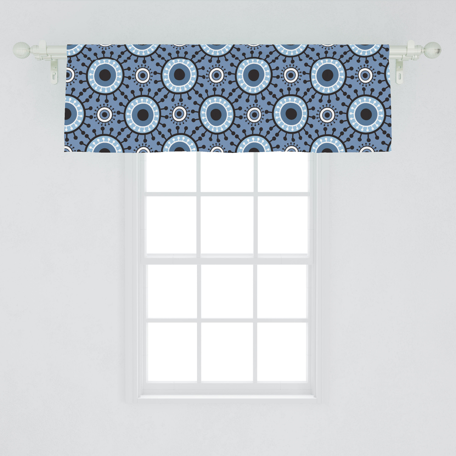 Blue and White Window Valance, Circles with Floral Elements and Dots ...