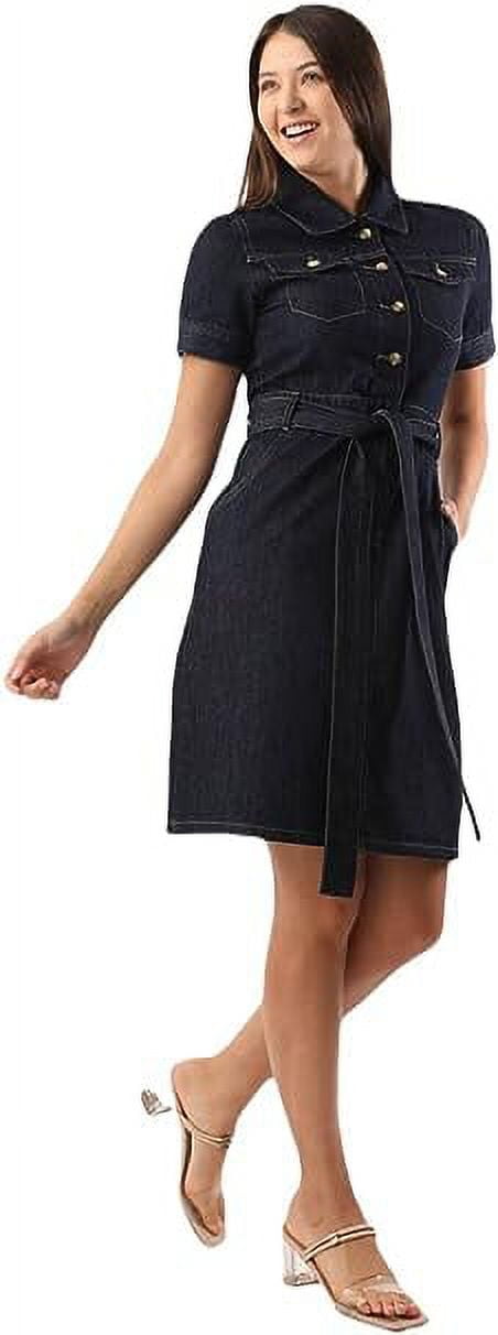 Blue White ® Women's Navy Blue Denim Short Sleeve Dress Collared Neck ...