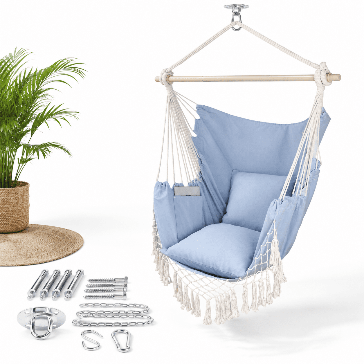 Blue/White XX-Large Hanging Hammock Chair Swing with Cushions and ...