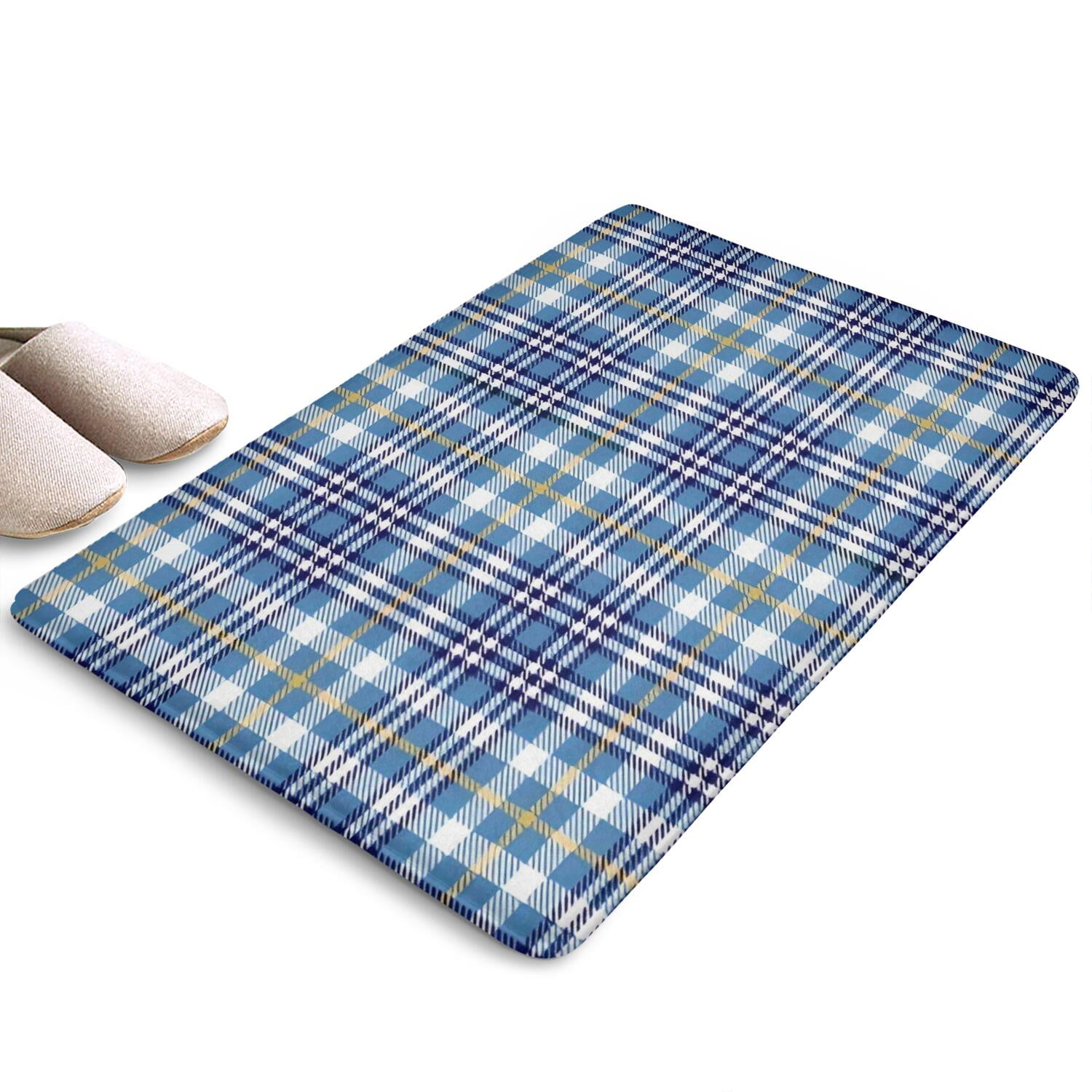 Blue White and Yellow Checkered Flannel Non Slip Door Rugs,Washable ...
