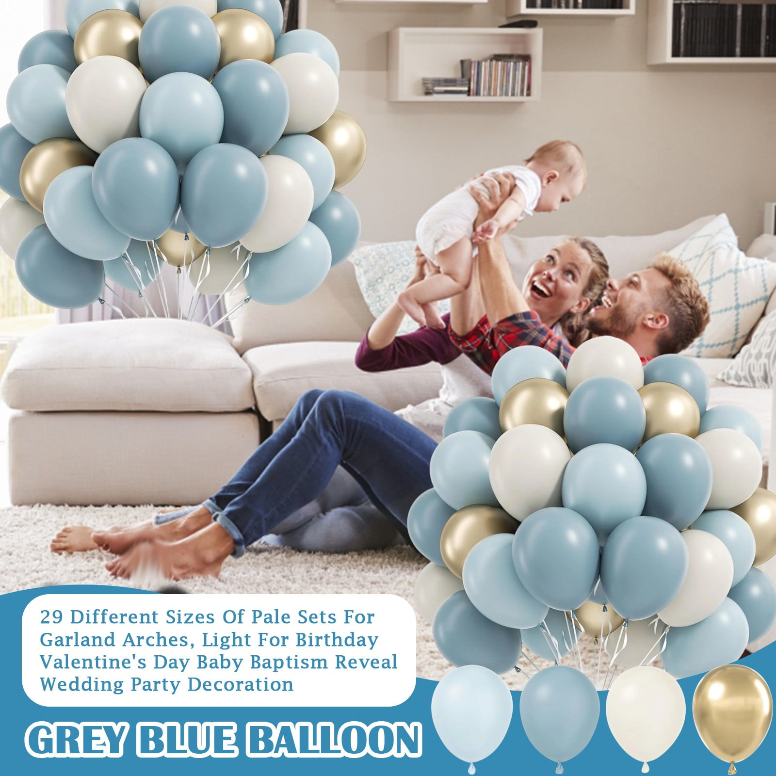 Blue, White, and Gold Balloons Set – 60pcs 12 Inch Latex Balloons for Birthday Party, Baby ...
