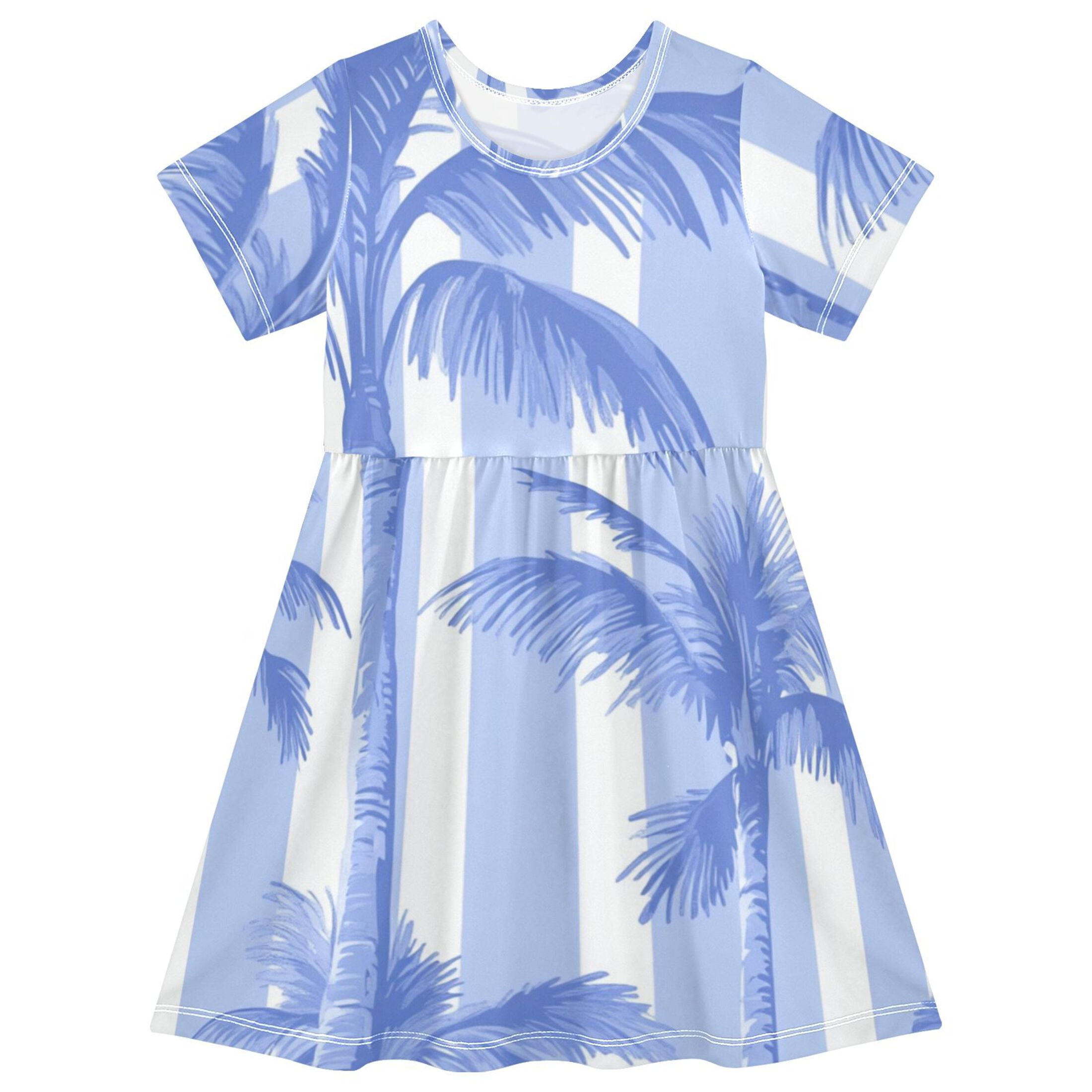 Blue Wide Stripes Coconut Trees Girls' Short Sleeve Dress A-Line One ...