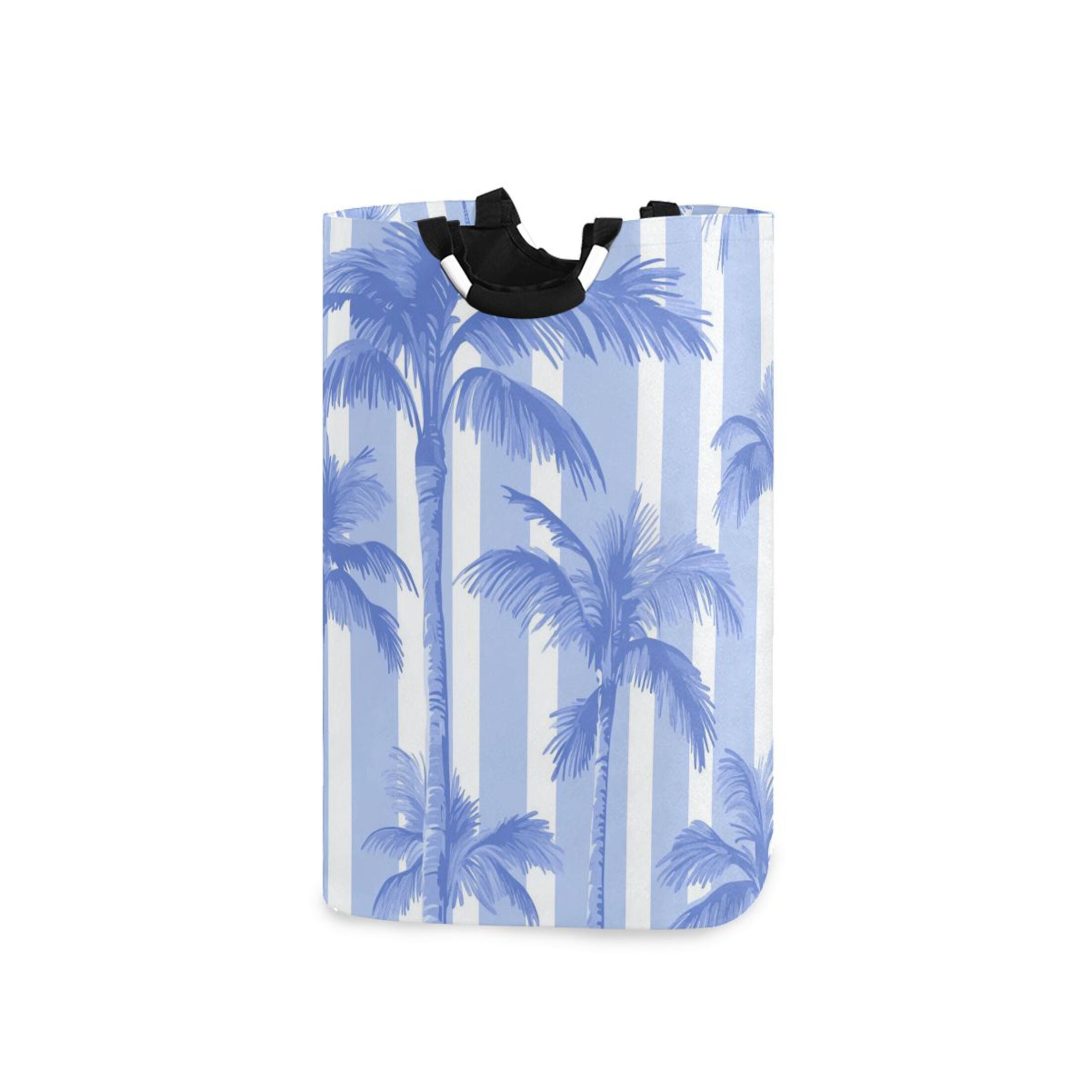 Blue Wide Stripes Coconut Trees Laundry Basket with Handles Foldable ...