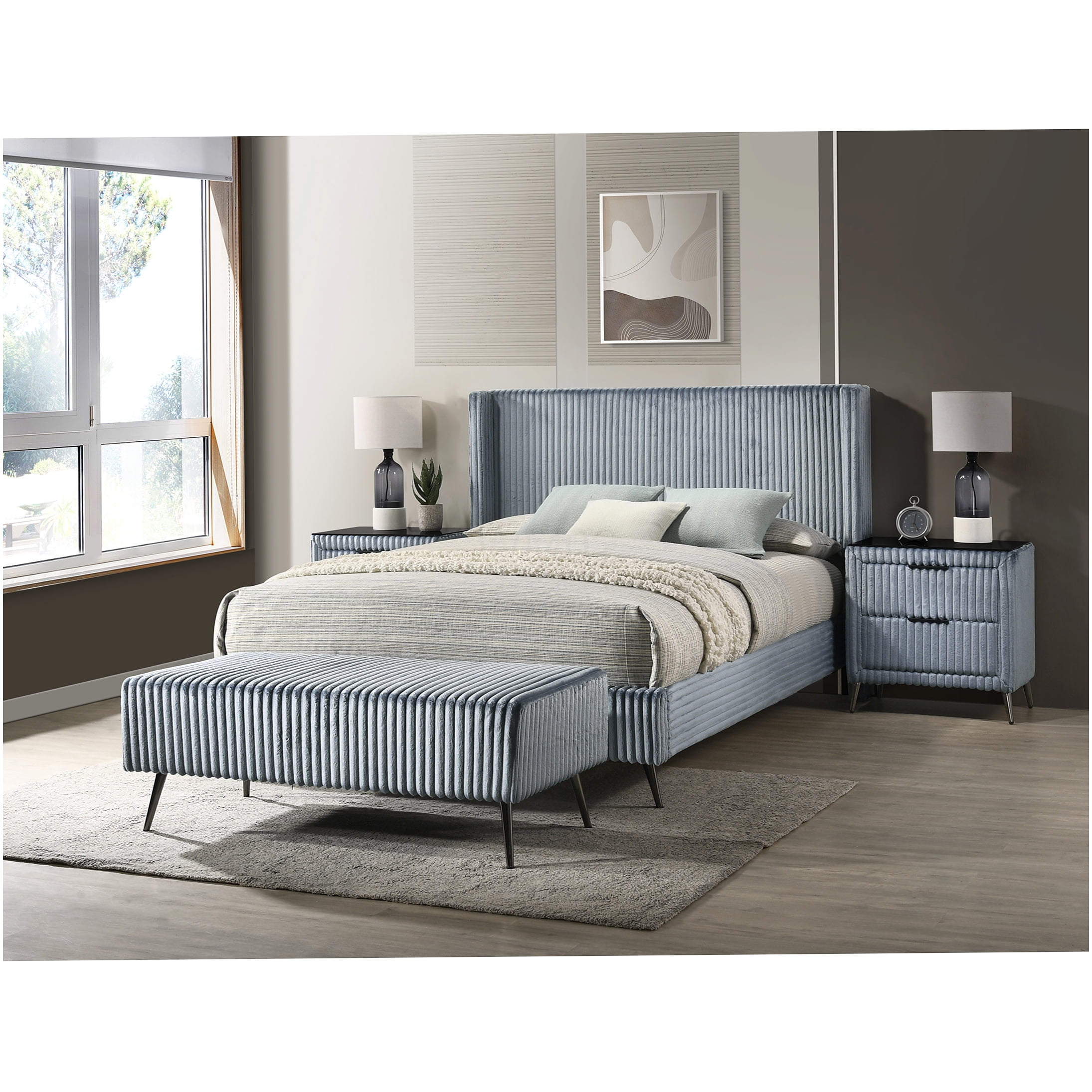 Blue Wide Wale Corduroy Upholstered Queen Bed Set with Wingback ...