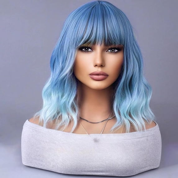 Blue Wigs for Women Ombre Blue Wigs With Bangs Short Curly Wavy Cosplay ...