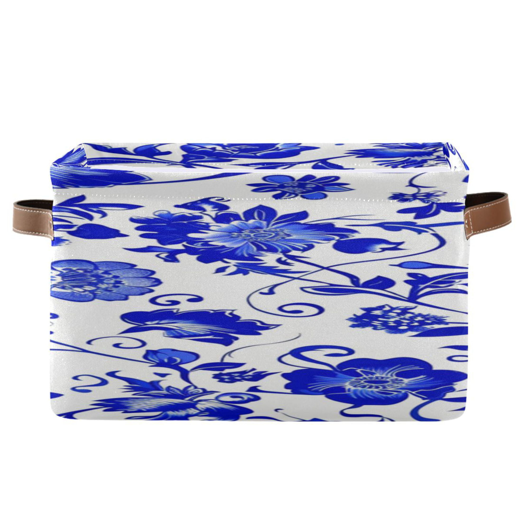 Blue Wild Flowers Leaves Square Storage Bins with Handles Collapsible ...