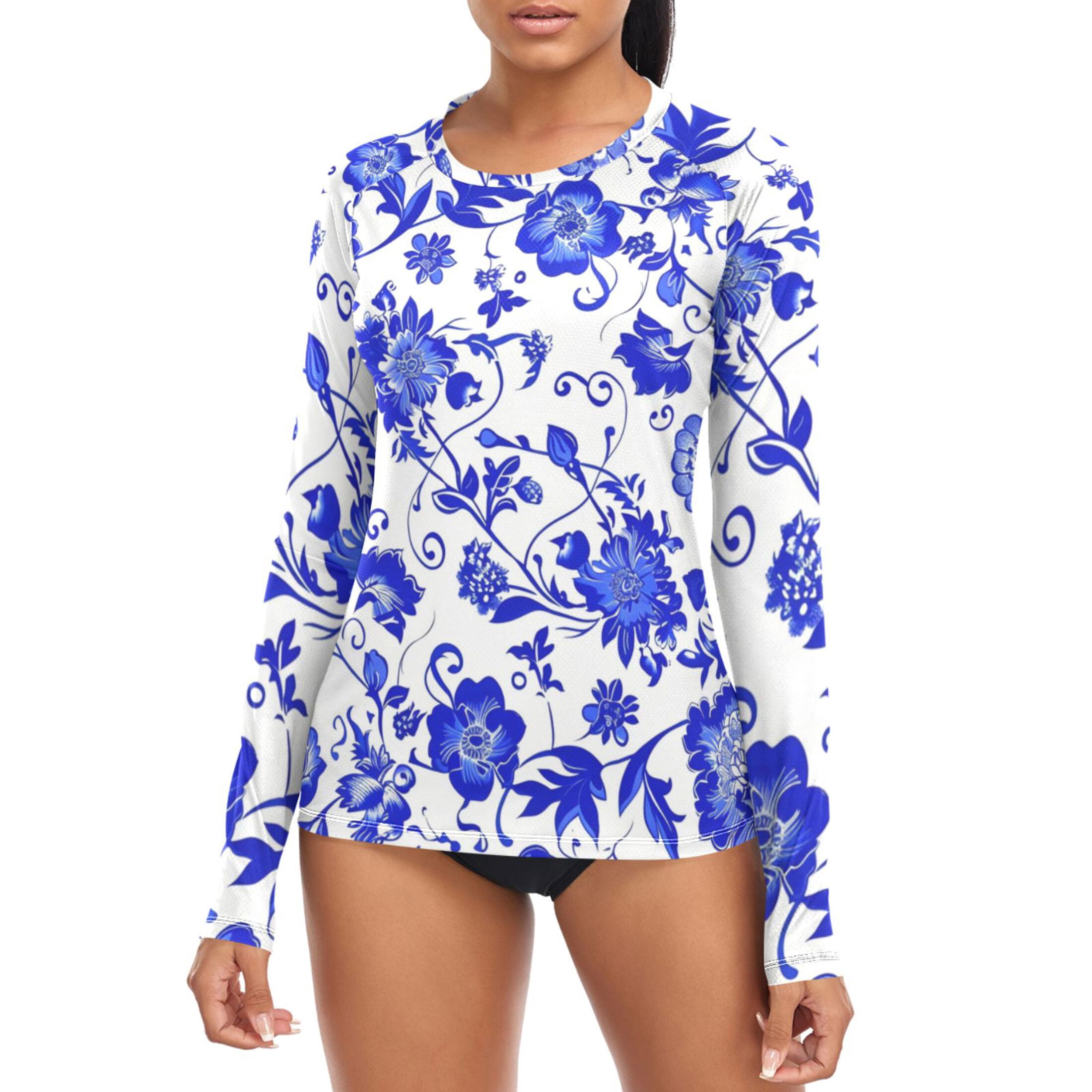 Blue Wild Flowers Leaves Women's Rash Guard Shirts UPF 50+ Sun ...