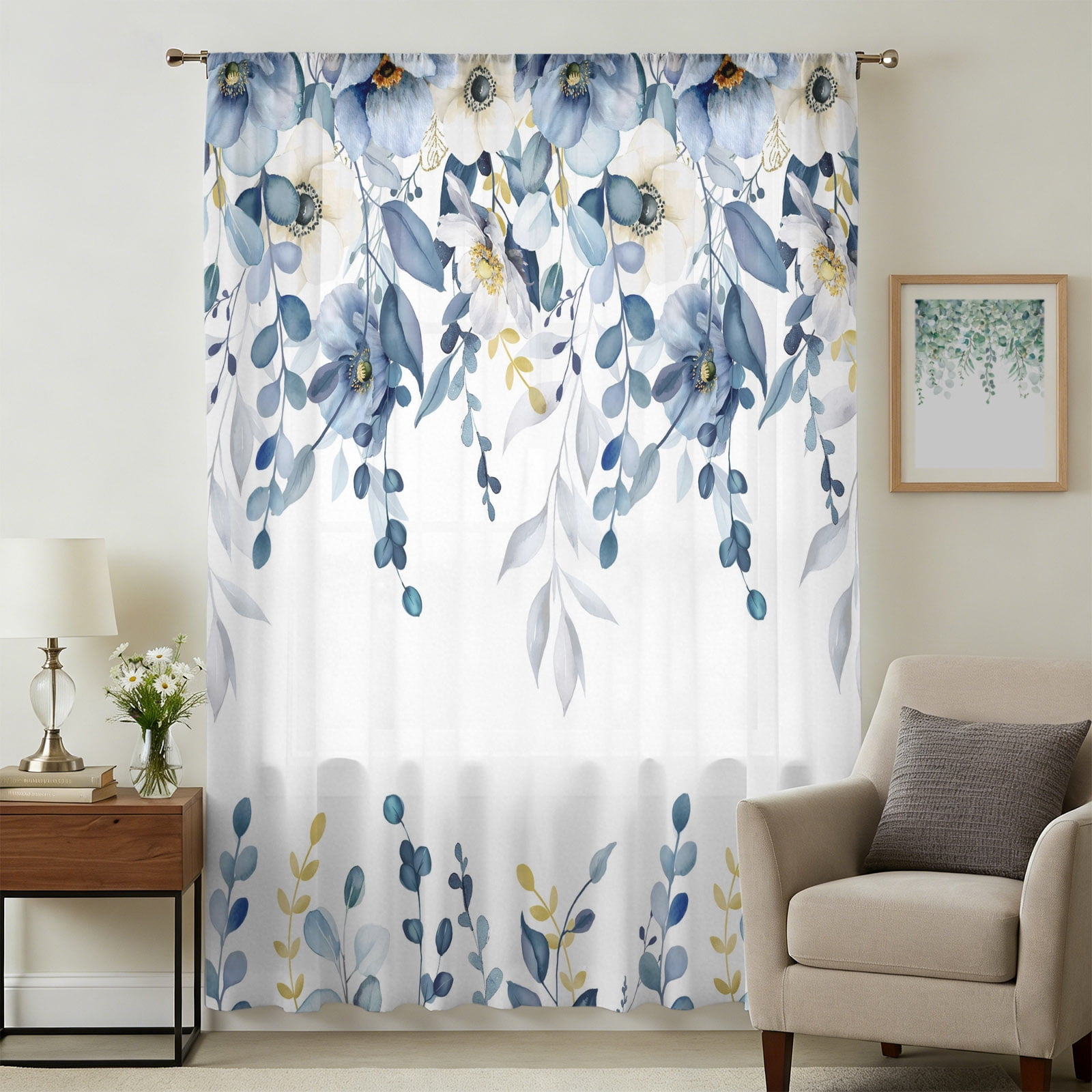 Blue Wild Flowers Sheer Curtains 45" Long for Bedroom, Spring ...