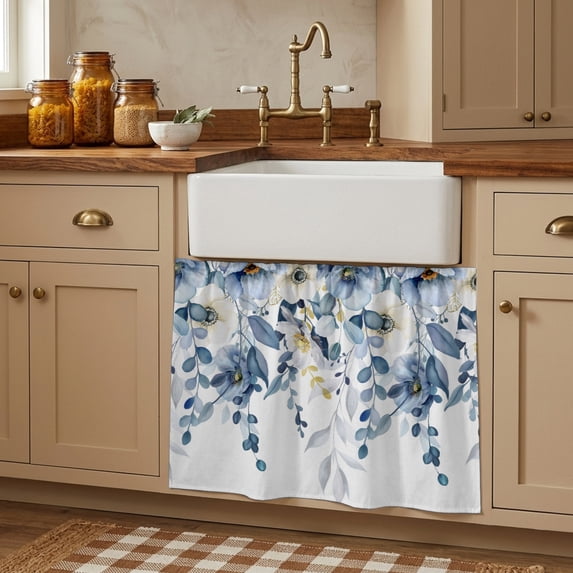 Blue Wild Flowers Small Cabinet Curtains 11"W x 13"L, Spring Watercolor ...