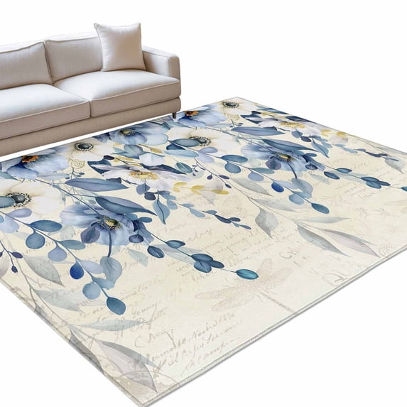 Blue Wild Flowers Washable Rug 6x9 Area Rug for Living Room Bedroom Non ...