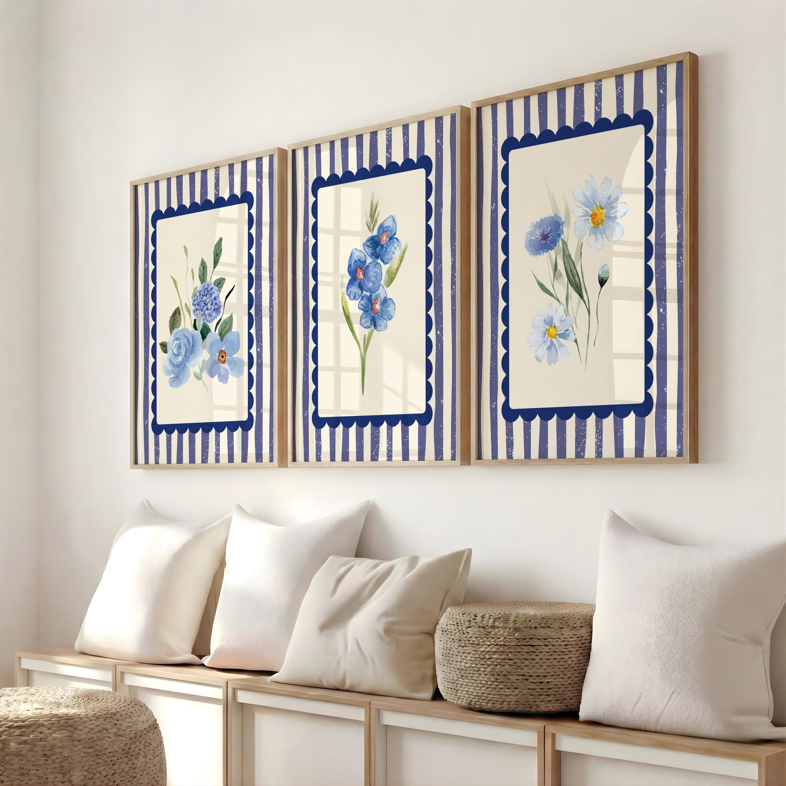 Blue Wildflower Prints Scalloped Border Art Navy Striped Cottagecore ...