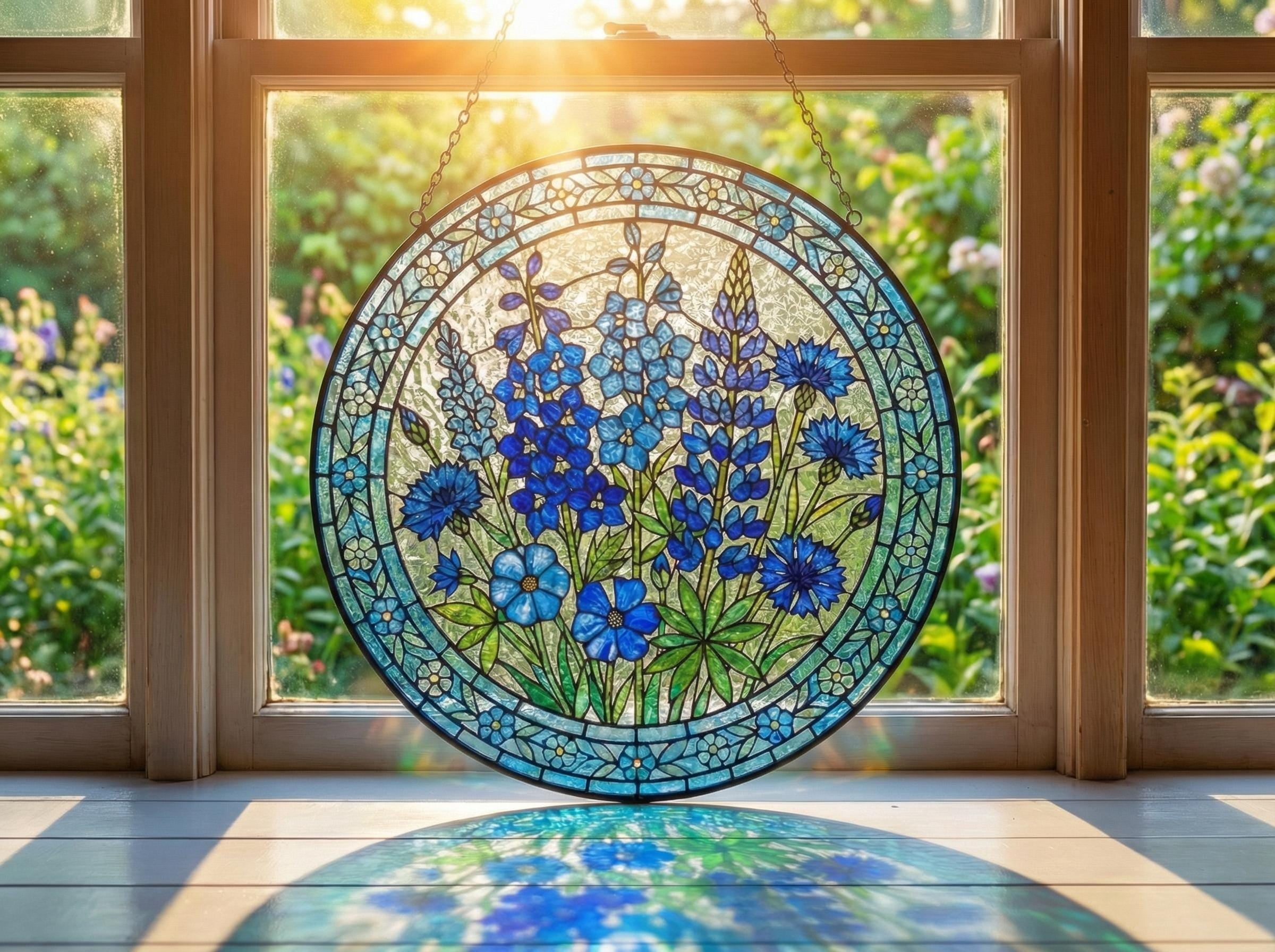 Blue Wildflower Stained Glass Suncatcher Spring Garden Botanical Window ...