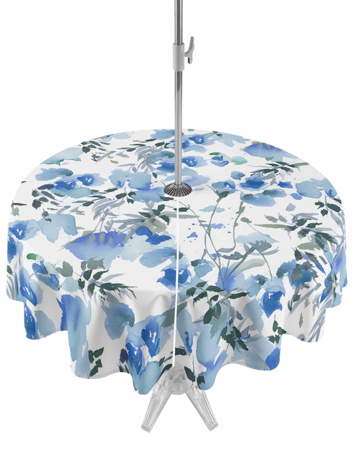 Blue Wildflowers Round Outdoor Tablecloth with Umbrella Hole Spring ...