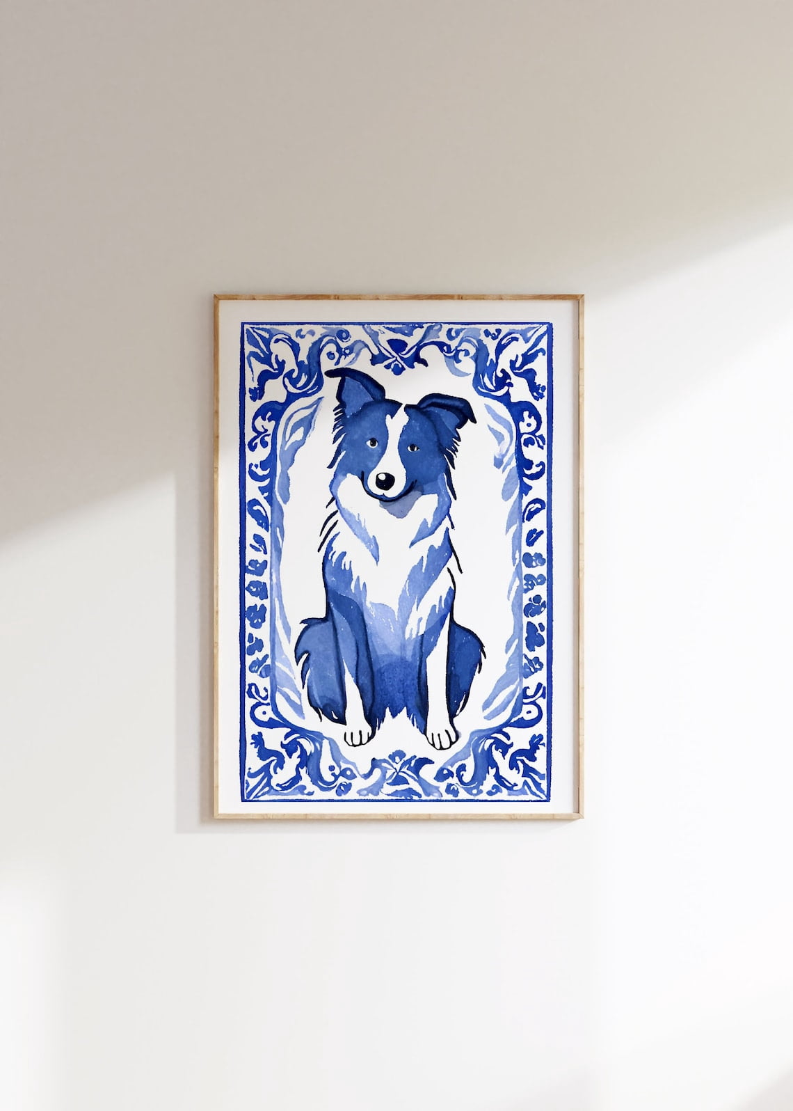 Blue Willow Border Collie Delft Blue Dog Portrait Coastal Decoration ...