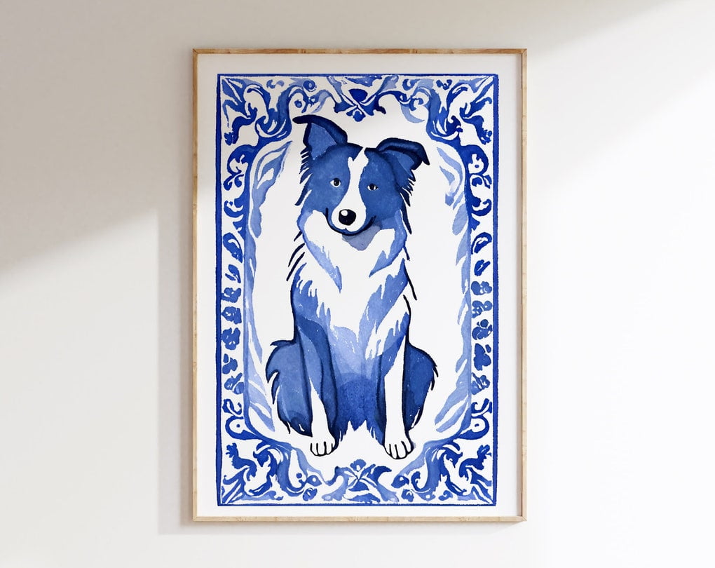 Blue Willow Border Collie Wall Art Dog Drawing Dog Portrait Coastal ...