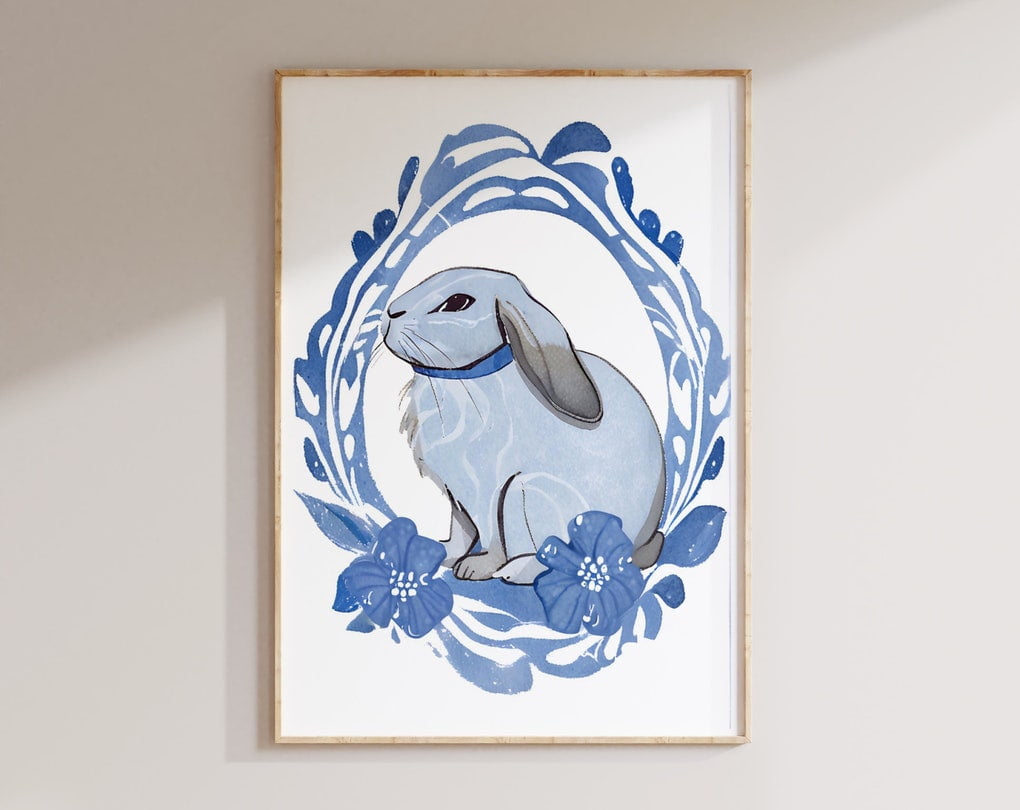 Blue Willow Bunny Print Rabbit Drawing Pet Portrait Coastal ...