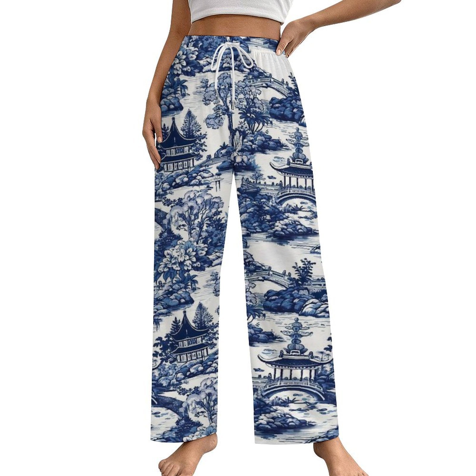 Blue Willow Ceramic Background Texture Pajama Pants Comfortable Elastic ...