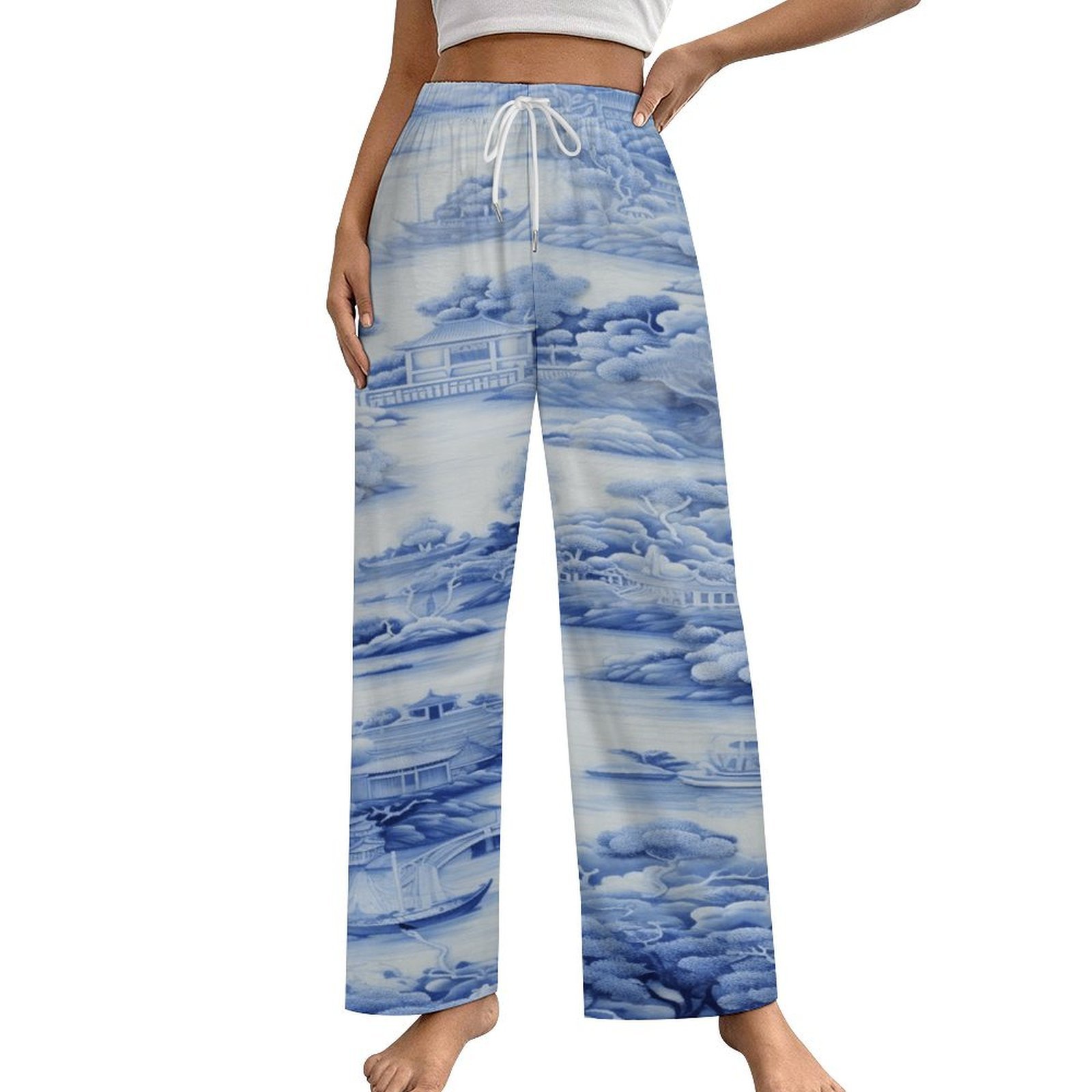 Blue Willow Ceramic Background Texture Pajama Pants Comfortable Elastic ...