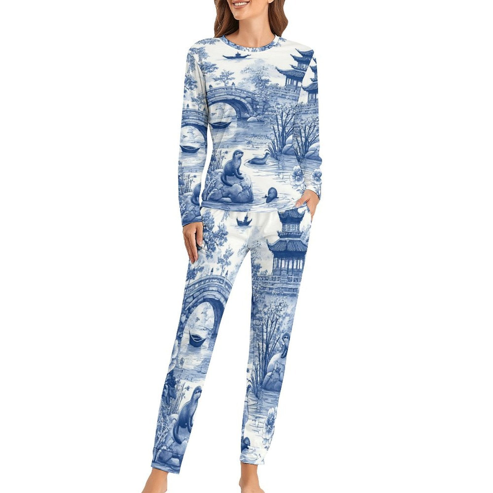 Blue Willow Ceramic Background Texture Pajamas Woman 2 Piece Vintage Pajamas Set Long-Sleeve ...