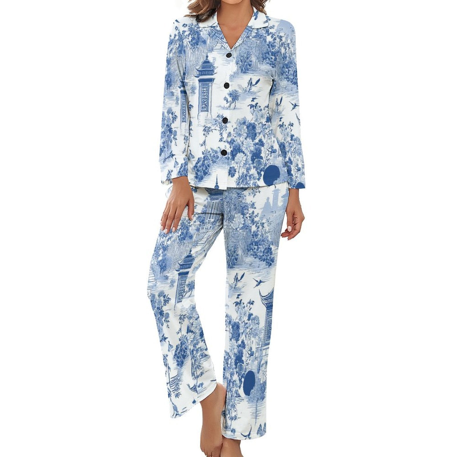 Blue Willow Ceramic Background Texture Pajamas Woman Vintage Pajamas Set 2 Piece Long-Sleeve ...