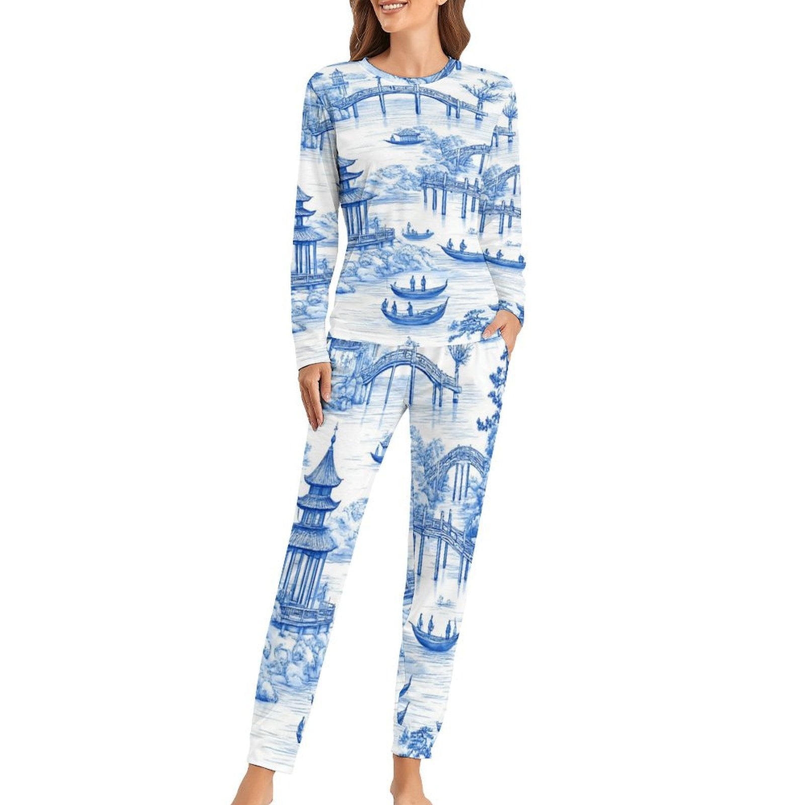 Blue Willow Ceramic Background Texture Printed Pajama Set for Couples ...