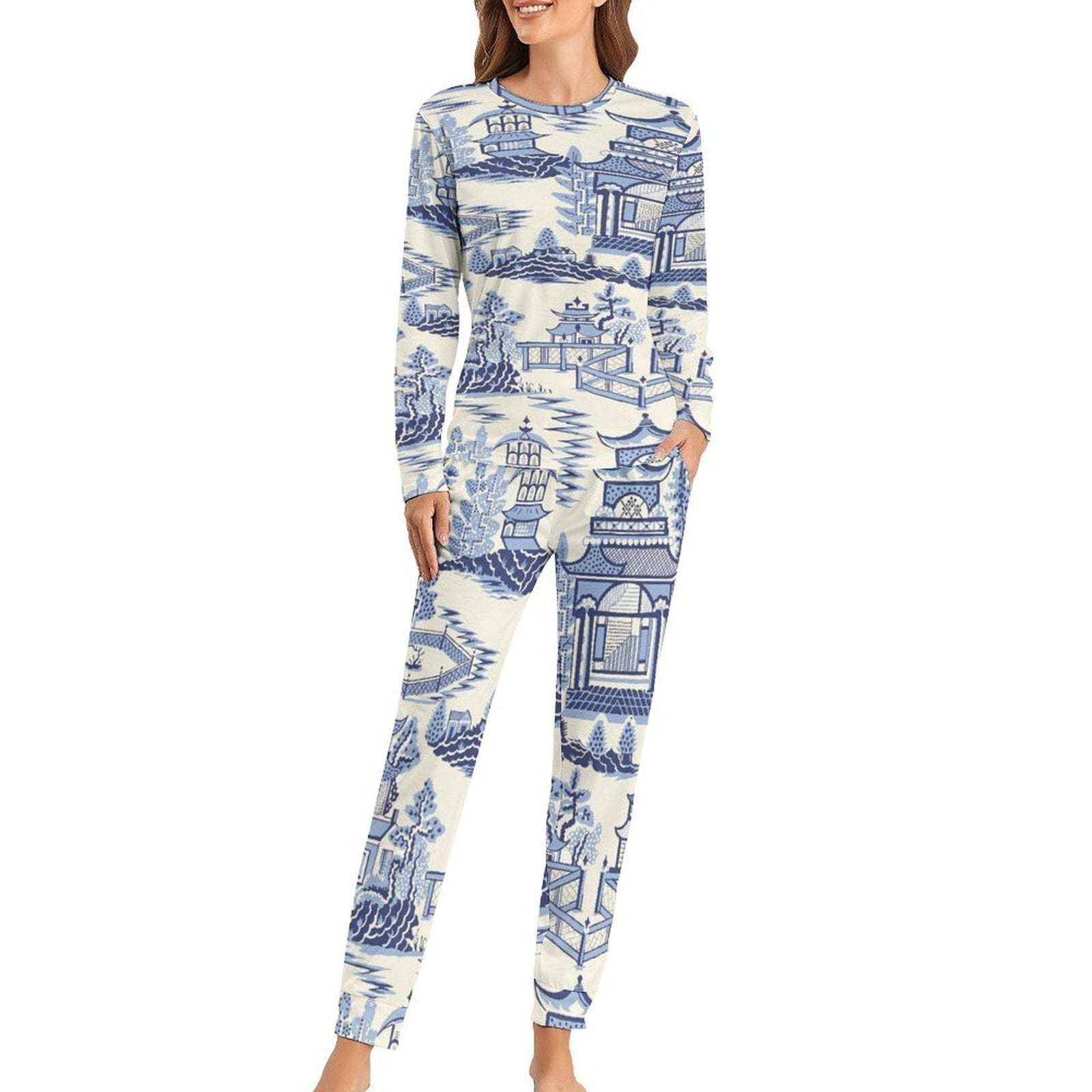 Blue Willow Ceramic Background Texture Printed Pajama Set for Couples ...