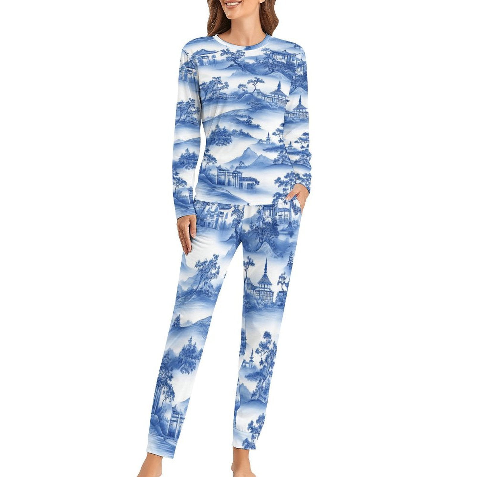 Blue Willow Ceramic Background Texture Printed Pajama Set for Couples ...