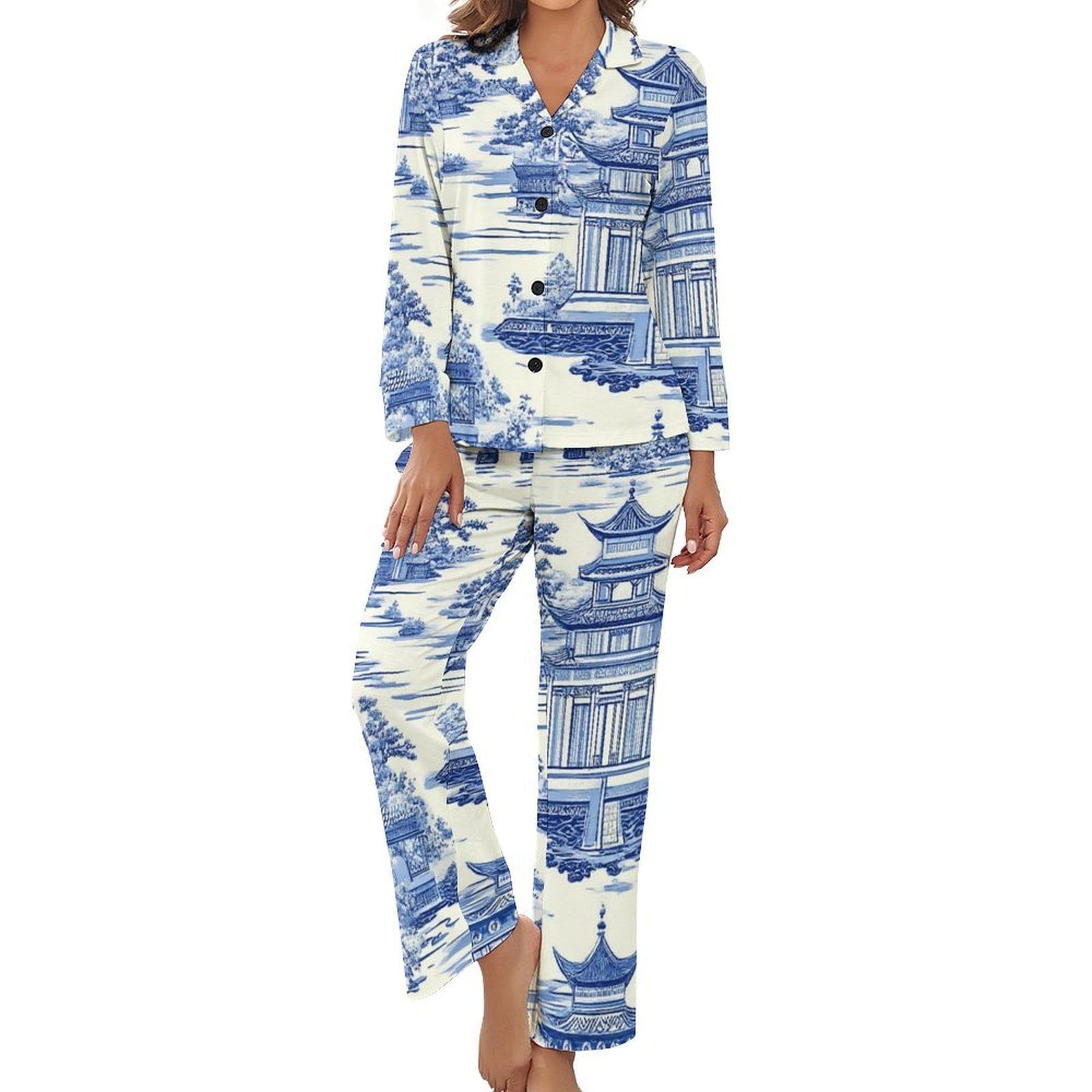 Blue Willow Ceramic Background Texture Printed Pajama Set for Couples ...