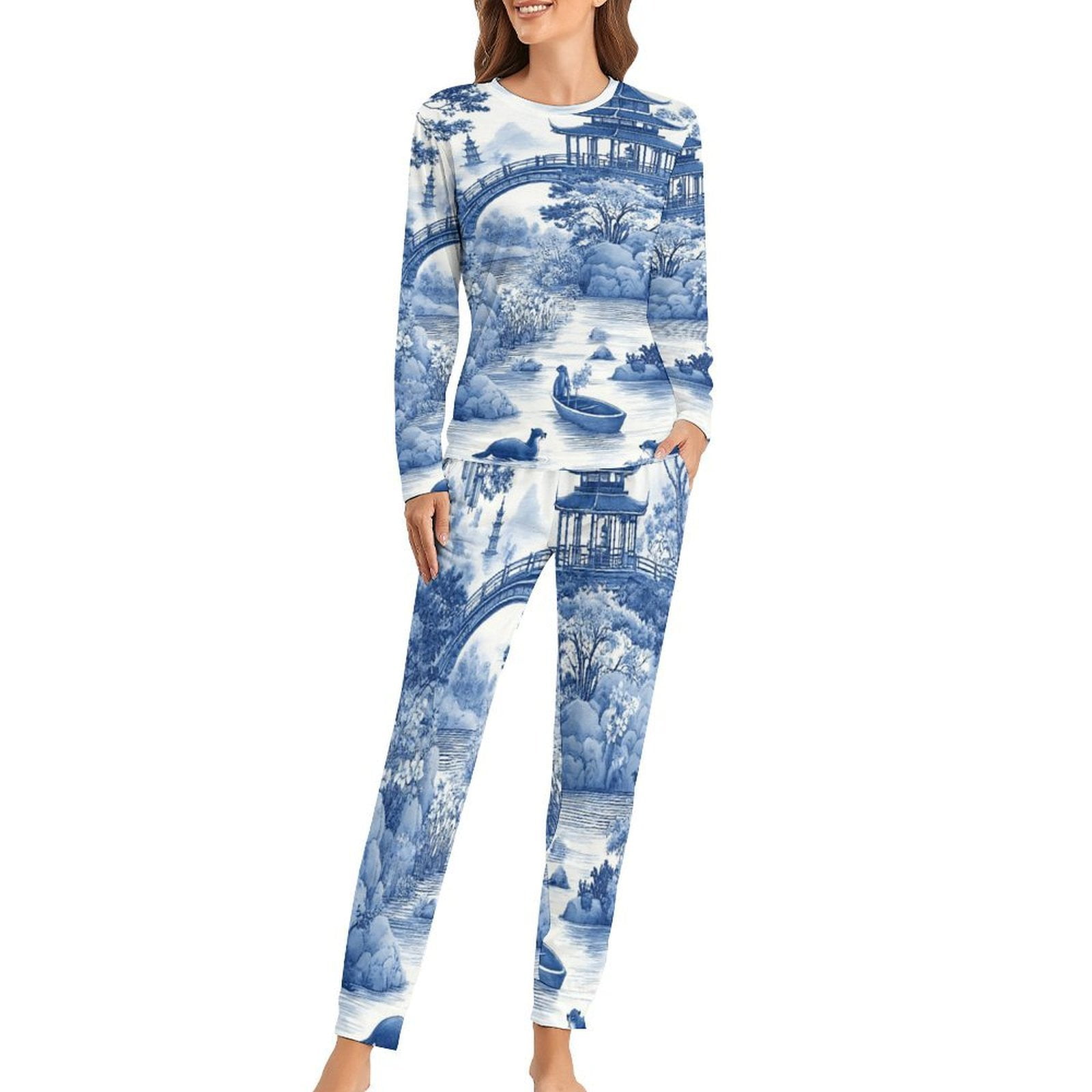 Blue Willow Ceramic Background Texture Printed Pajama Set for Couples ...
