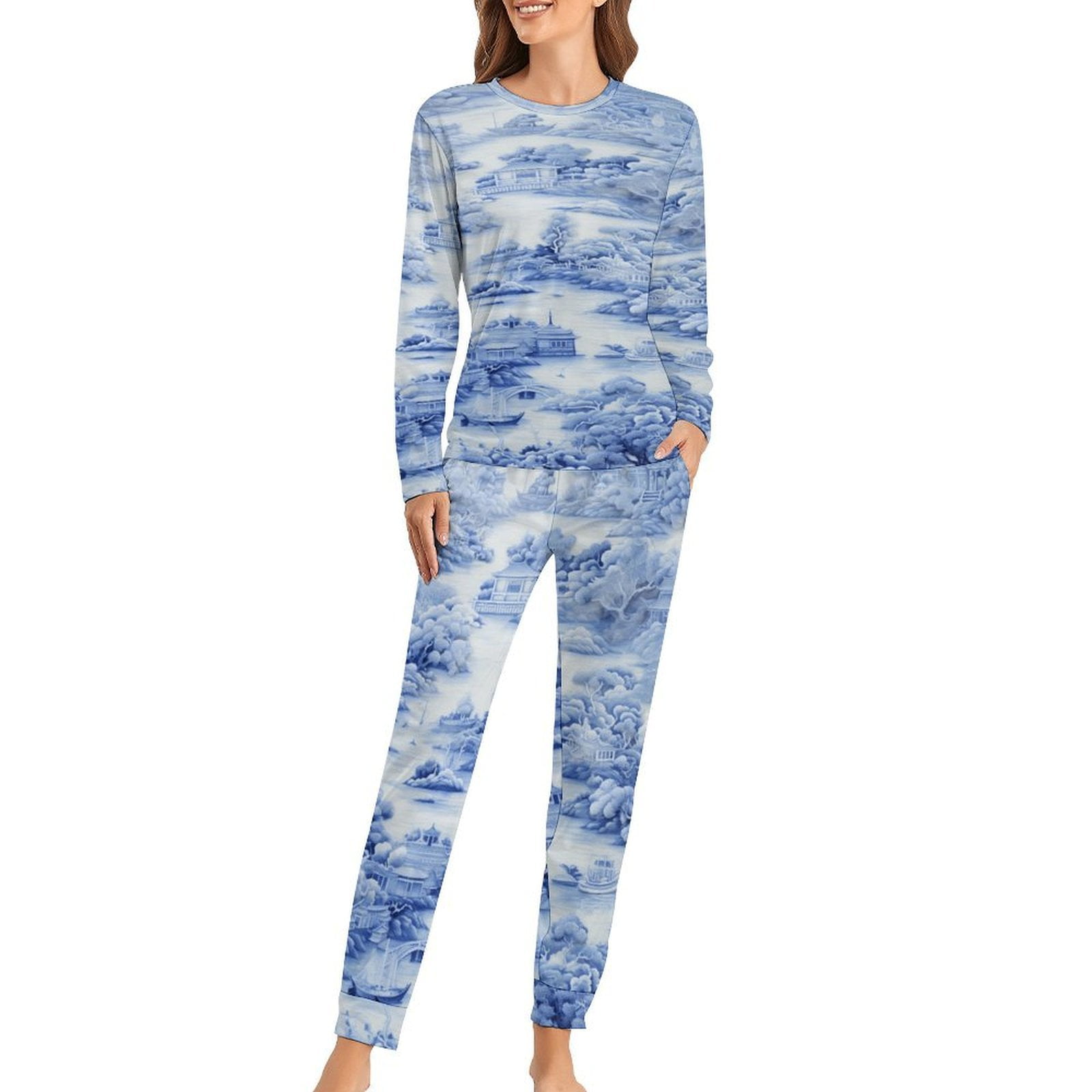 Blue Willow Ceramic Background Texture Printed Pajama Set for Couples ...