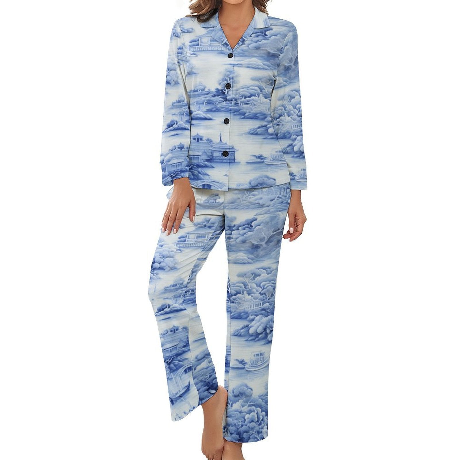 Blue Willow Ceramic Background Texture Printed Pajama Set for Couples ...