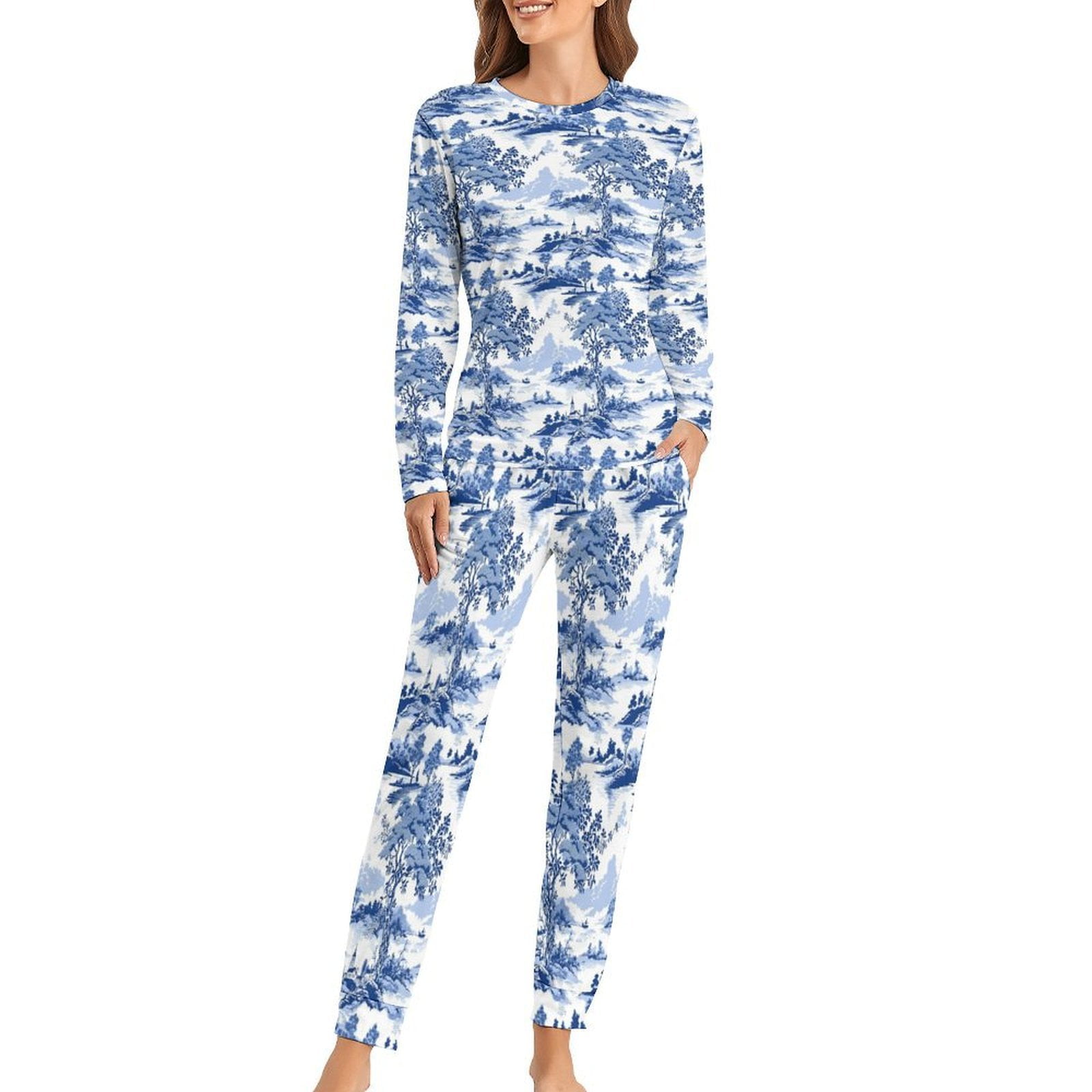 Blue Willow Ceramic Background Texture Printed Pajama Set for Couples ...