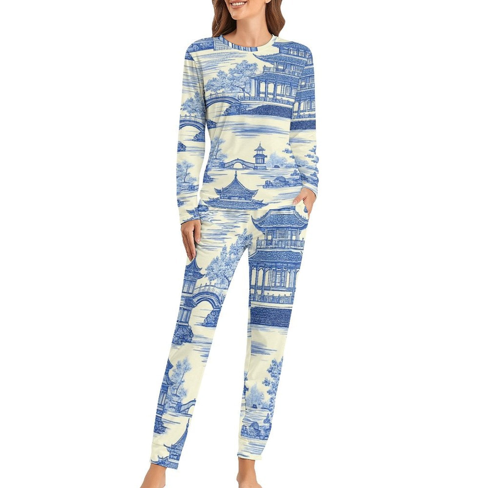 Blue Willow Ceramic Background Texture Printed Pajama Set for Couples ...