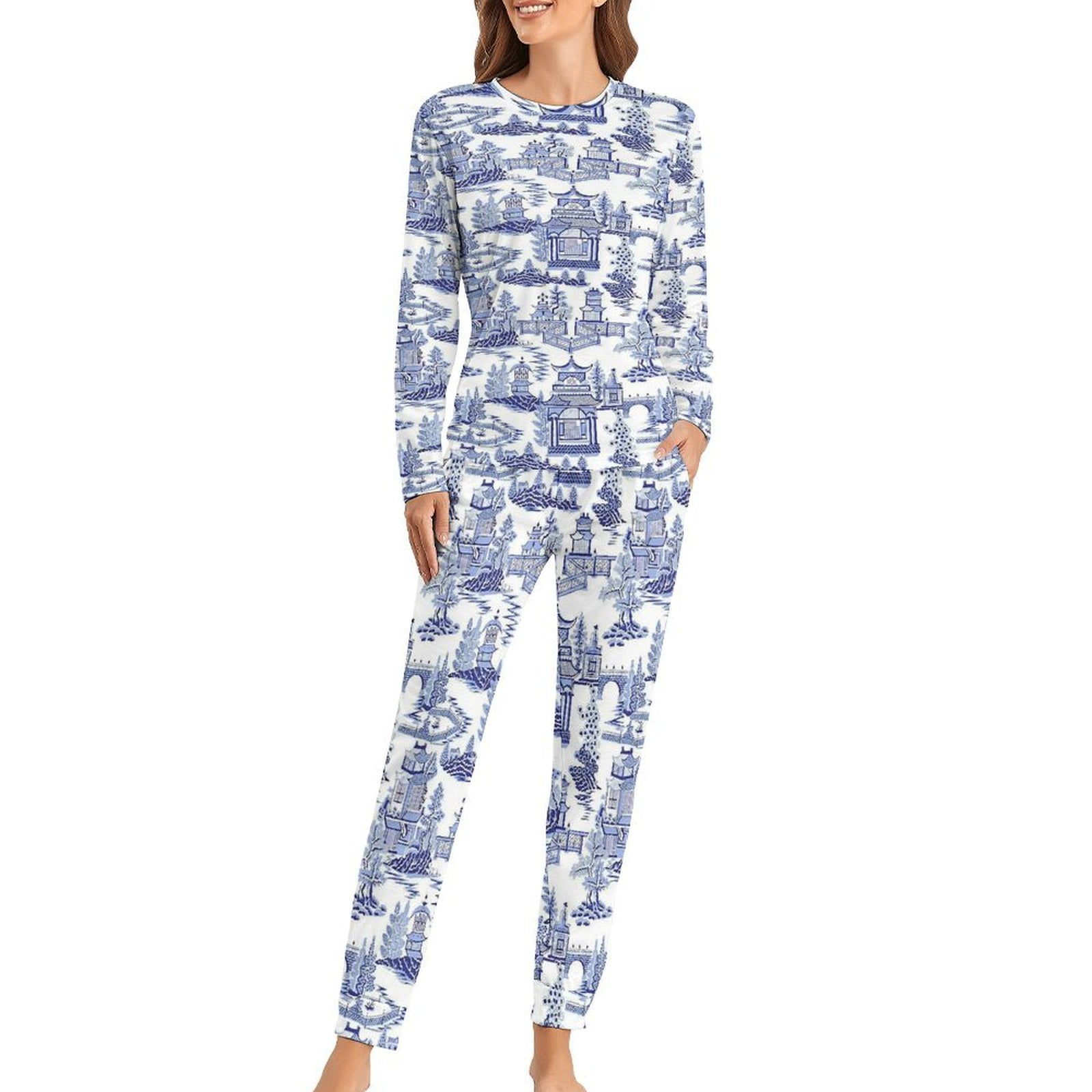 Blue Willow Ceramic Background Texture Printed Pajama Set for Couples ...