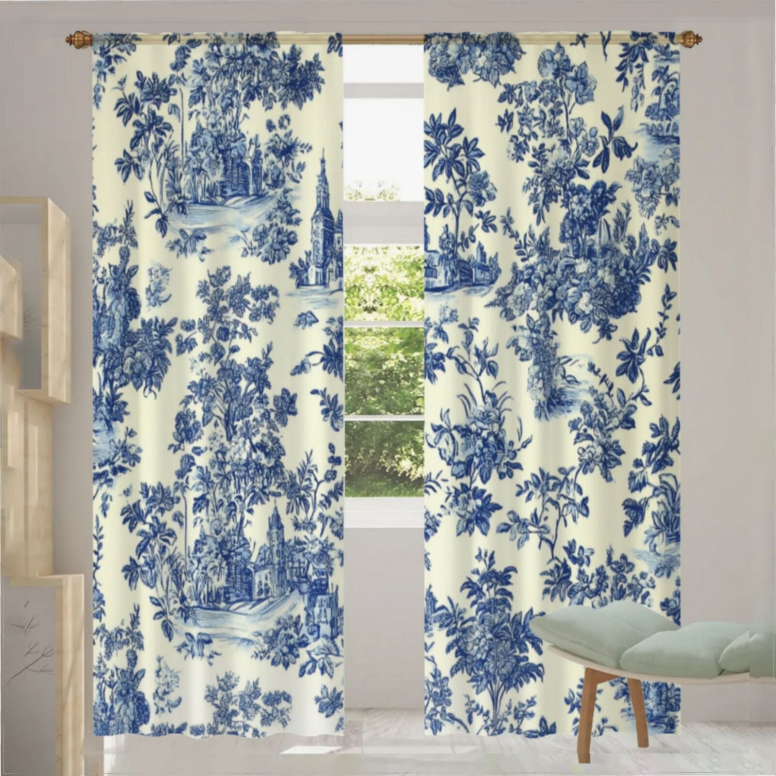 Blue Willow Chinoiserie Blue And White (2) Tulle Sheer Window Curtains ...
